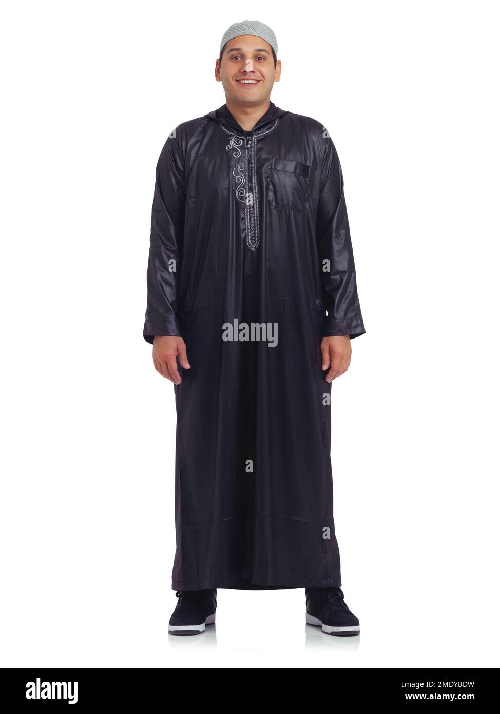 Muslim clothes, happy man and portrait at white background standing in ...