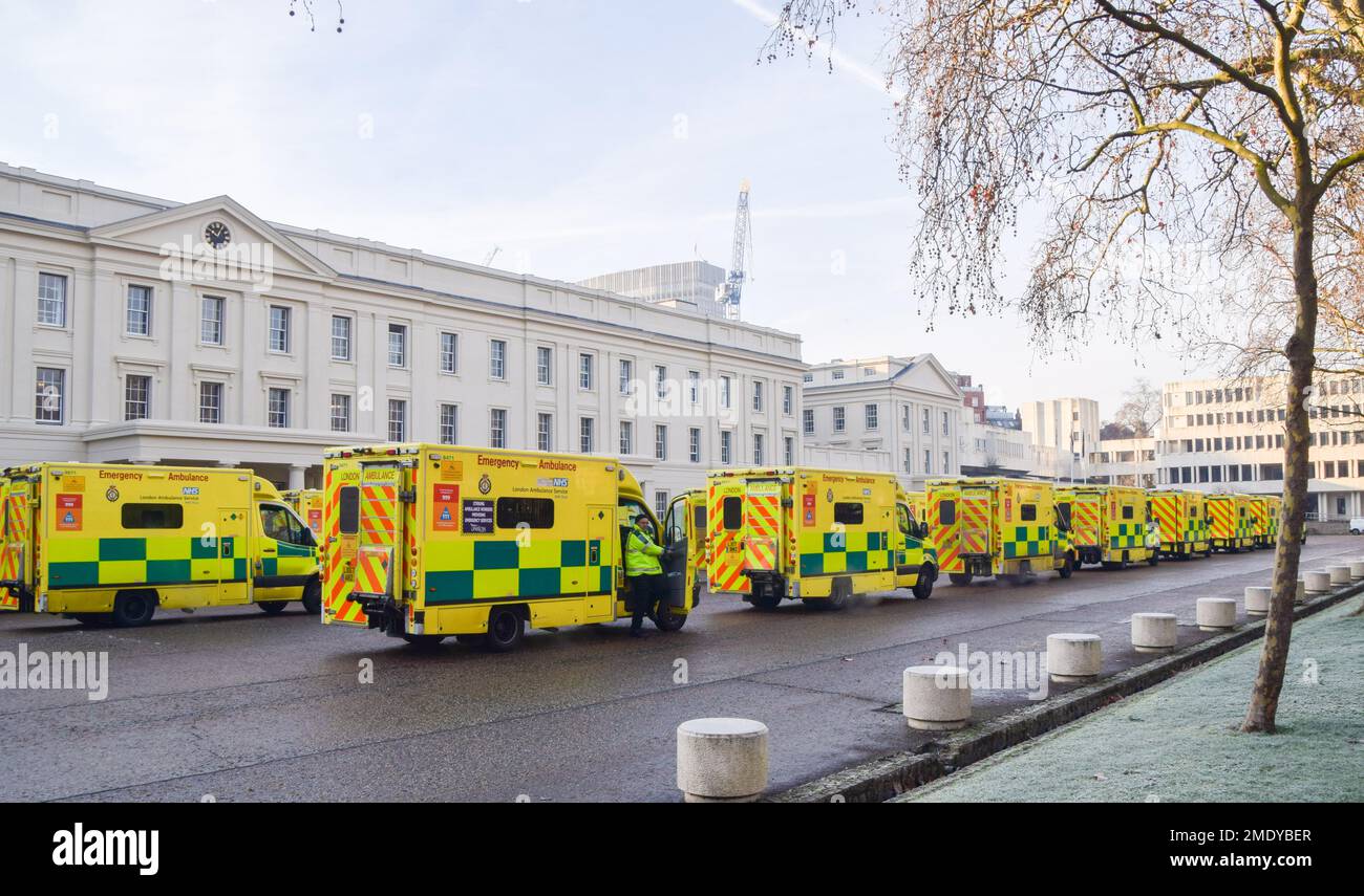 London, UK. 23rd Jan, 2023. Ambulances are seen lined up outside ...
