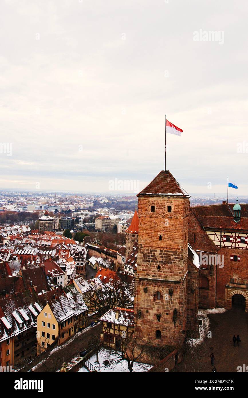 A vertical aerial view of the historic scenic skyline of Nuremberg ...