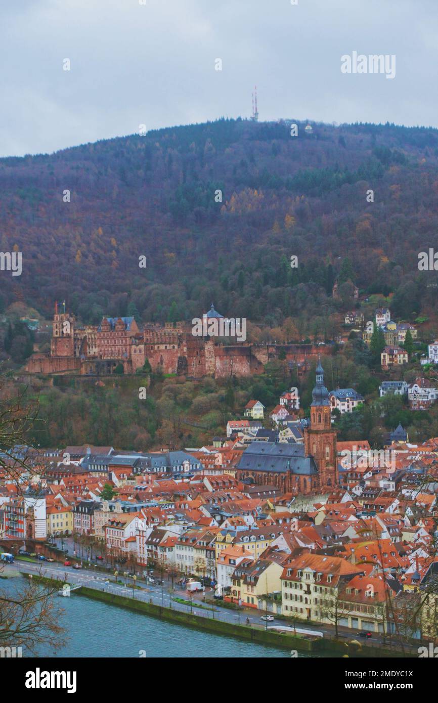 A vertical aerial view of the beautiful historic skyline of Heidelberg ...