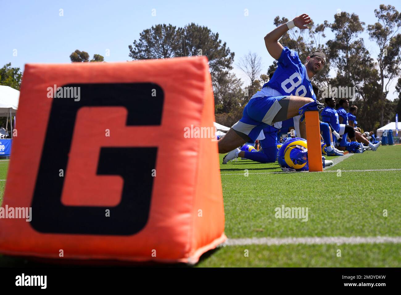 Los Angeles Rams tight end Tyler Higbee stretches during NFL football ...