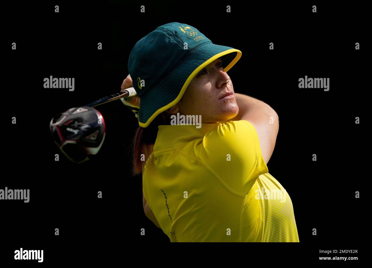 Hannah Green, of Australia, watches her tee shot on the second hole ...