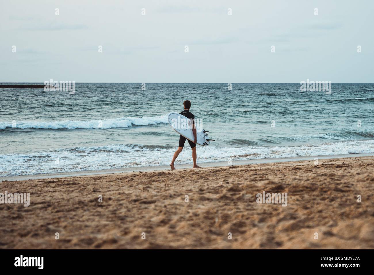 A person with a surfboard walking on the sandy beach alongside the calm ...