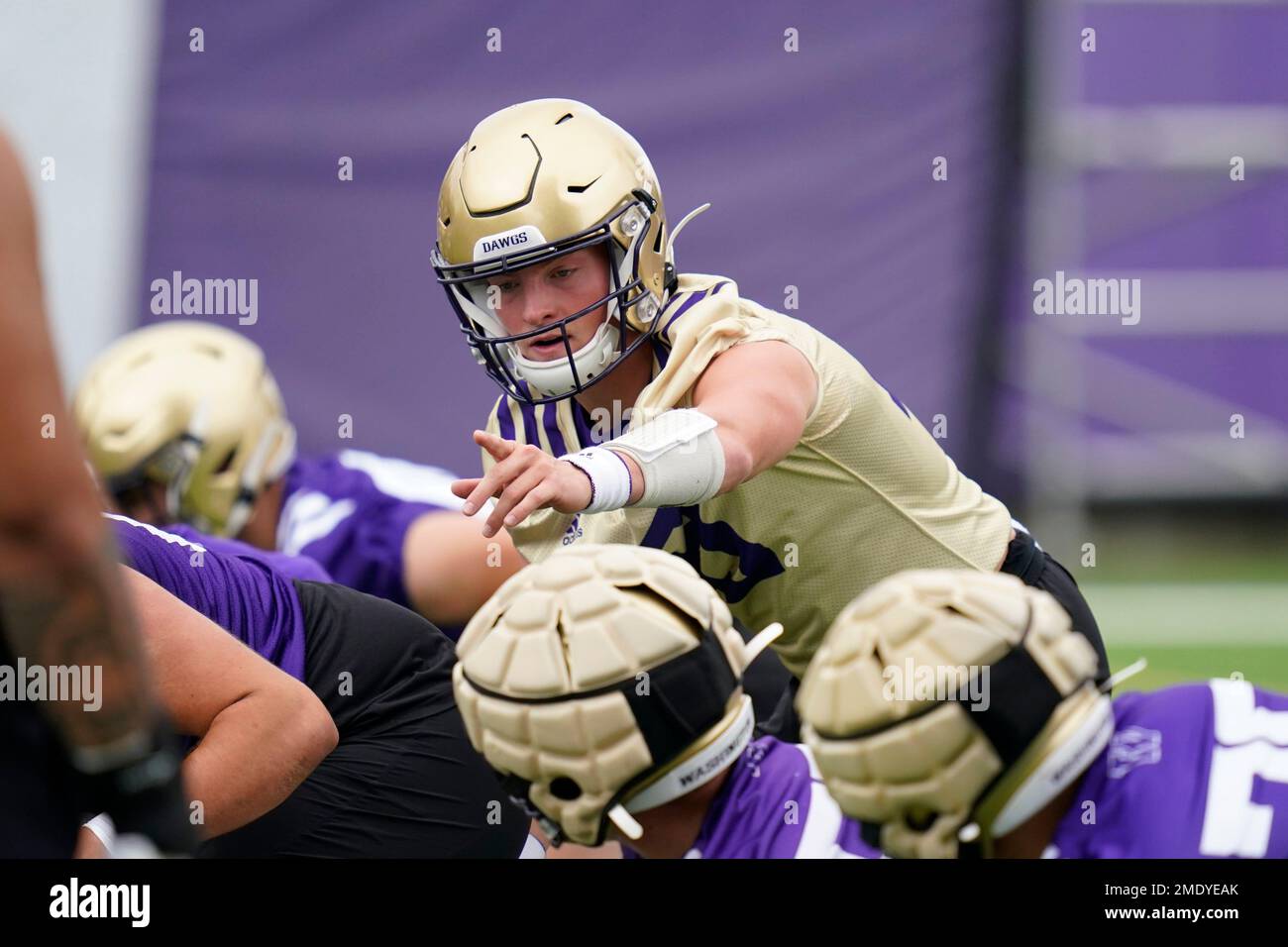 Washington Huskies quarterback Camden Sirmon yells from the line of ...
