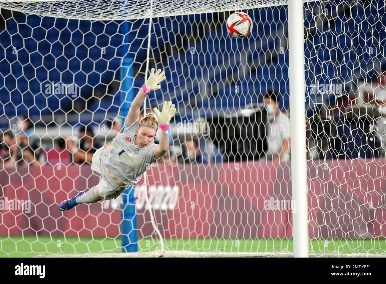 Sweden's goalkeeper Hedvig Lindahl fails to block a shot in a penalty ...