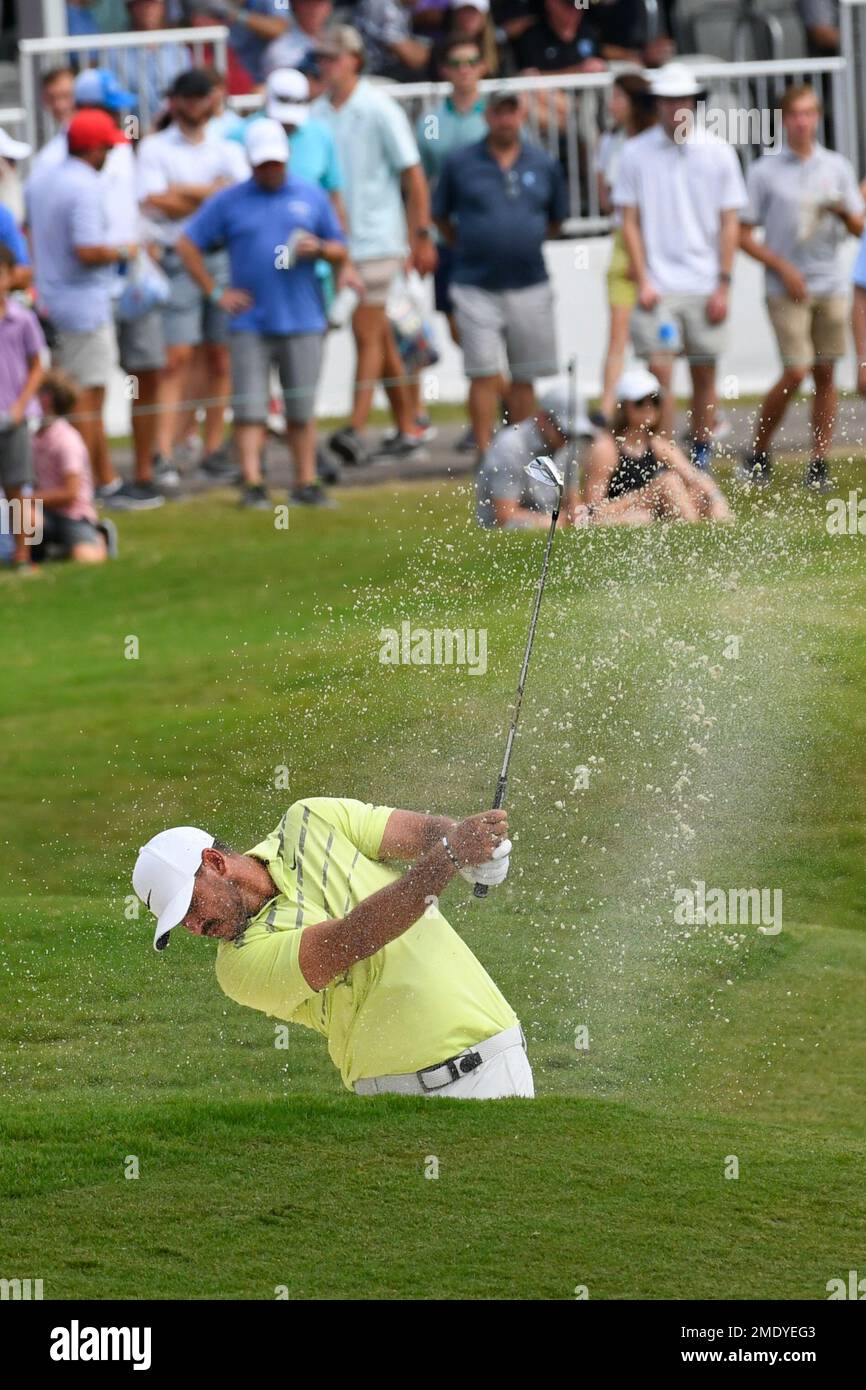 Brooks Koepka hits from a bunker on 18th hole during the second round ...