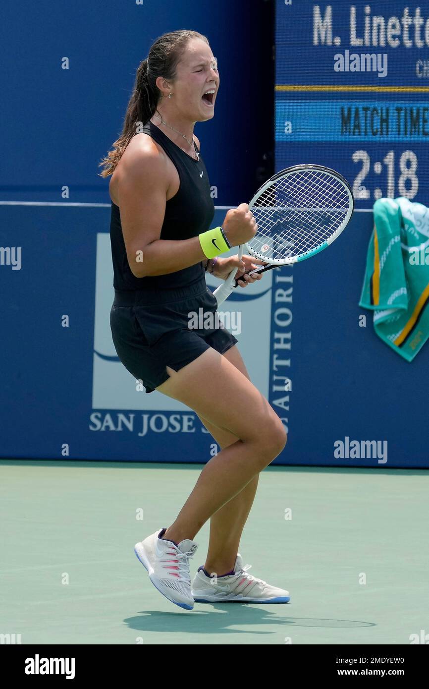 Daria Kasatkina, of Russia, celebrates after winning the match against ...