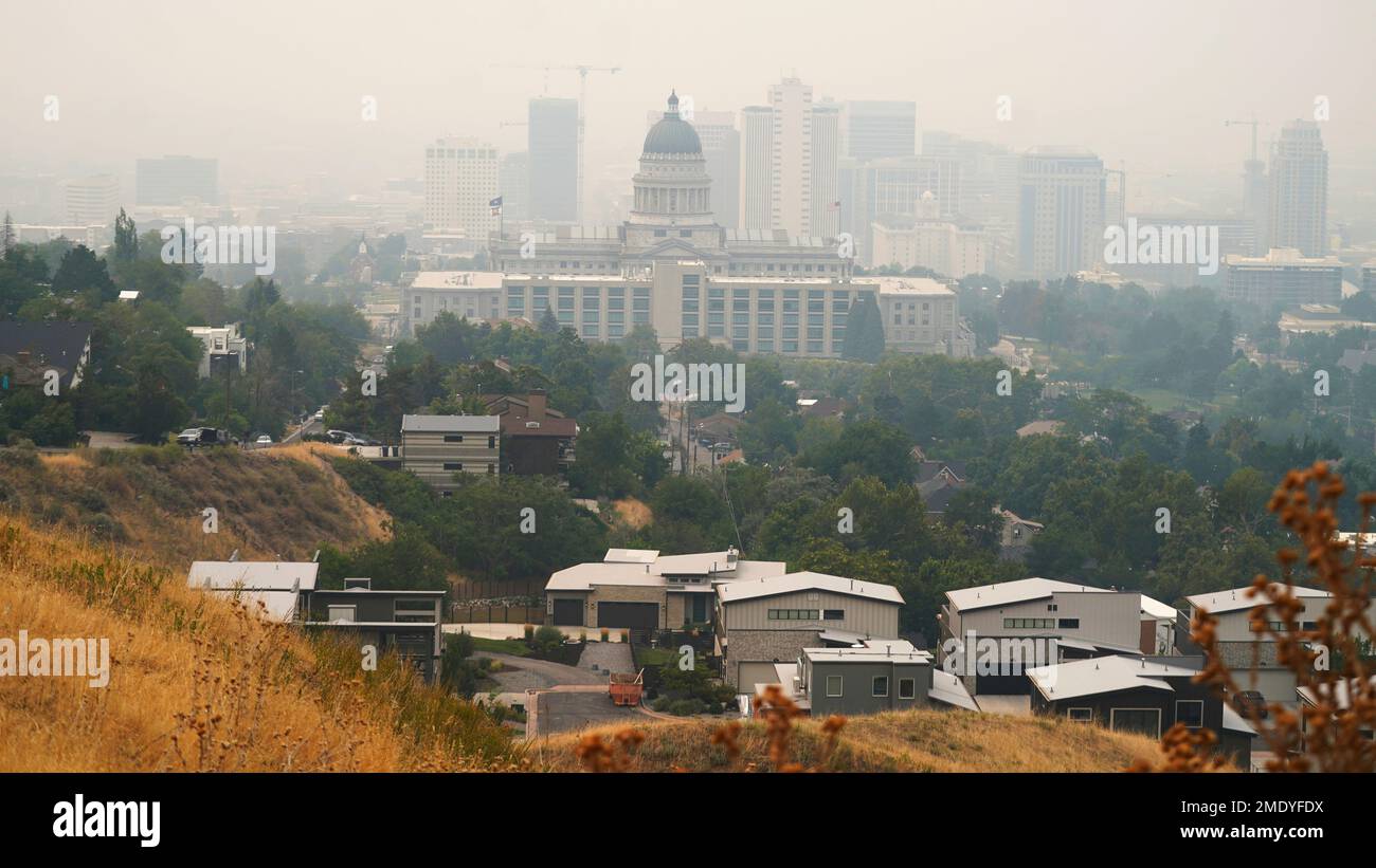 Smoke shrouds the Utah State Capitol and downtown skyline Friday, Aug ...