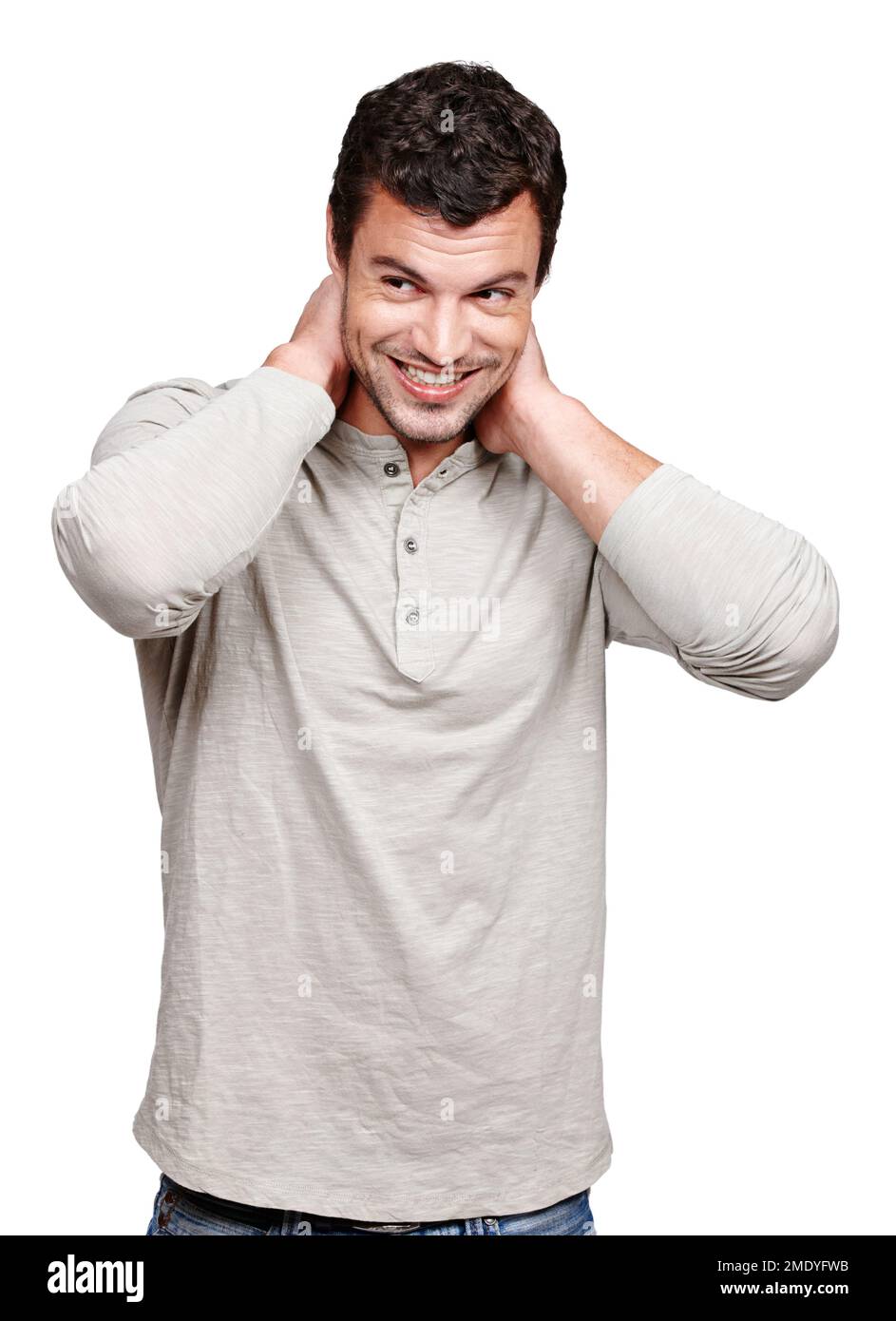 Face, smile and shy man in studio isolated on a white background ...
