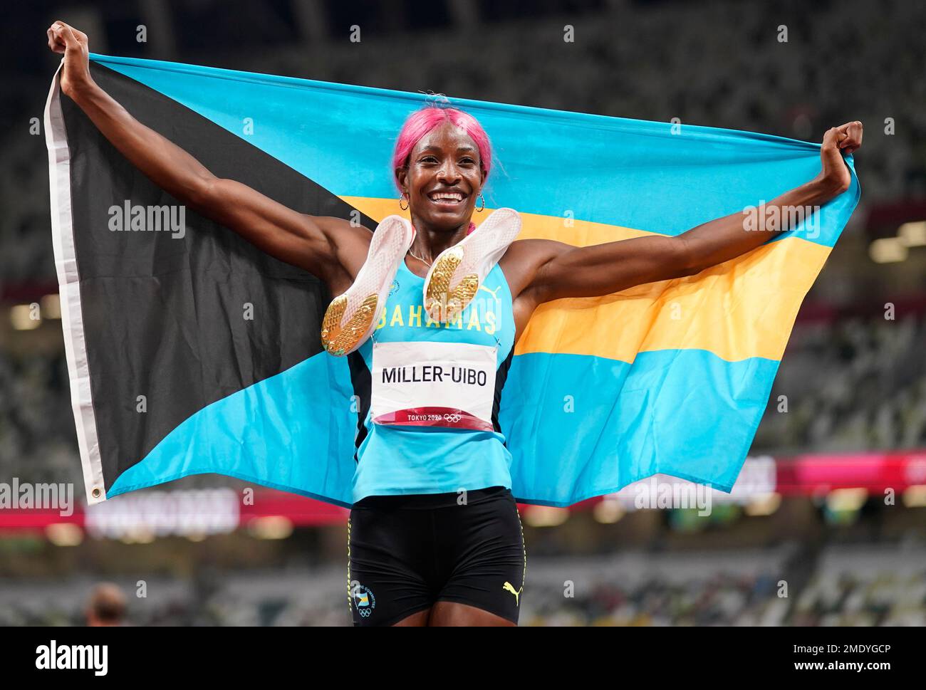Shaunae Miller-Uibo, of Bahamas celebrates after winning the gold medal ...