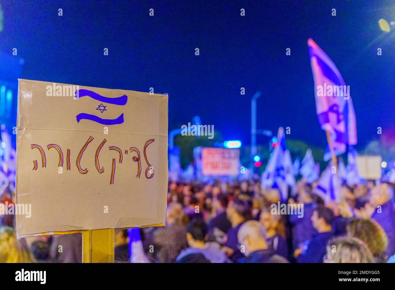 Haifa, Israel - January 21, 2023: Crowd of people protest with various ...