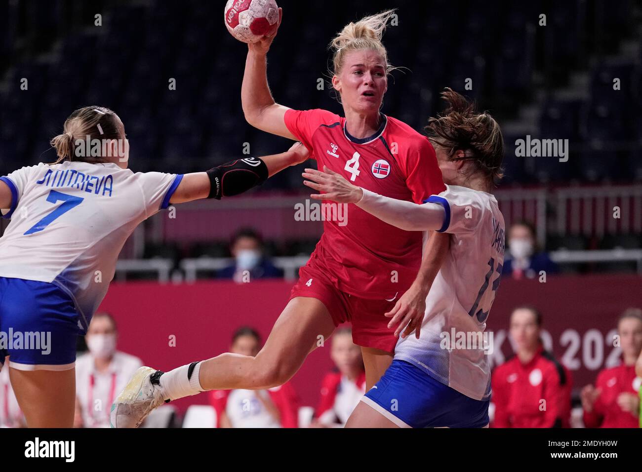Norway's Veronica Krestiansen, center, tries to score during the women ...