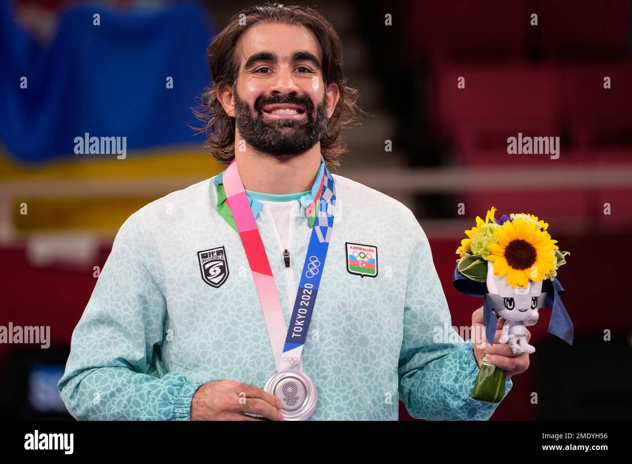 Silver medalist Rafael Aghayev of Azerbaijan poses during the medal ...