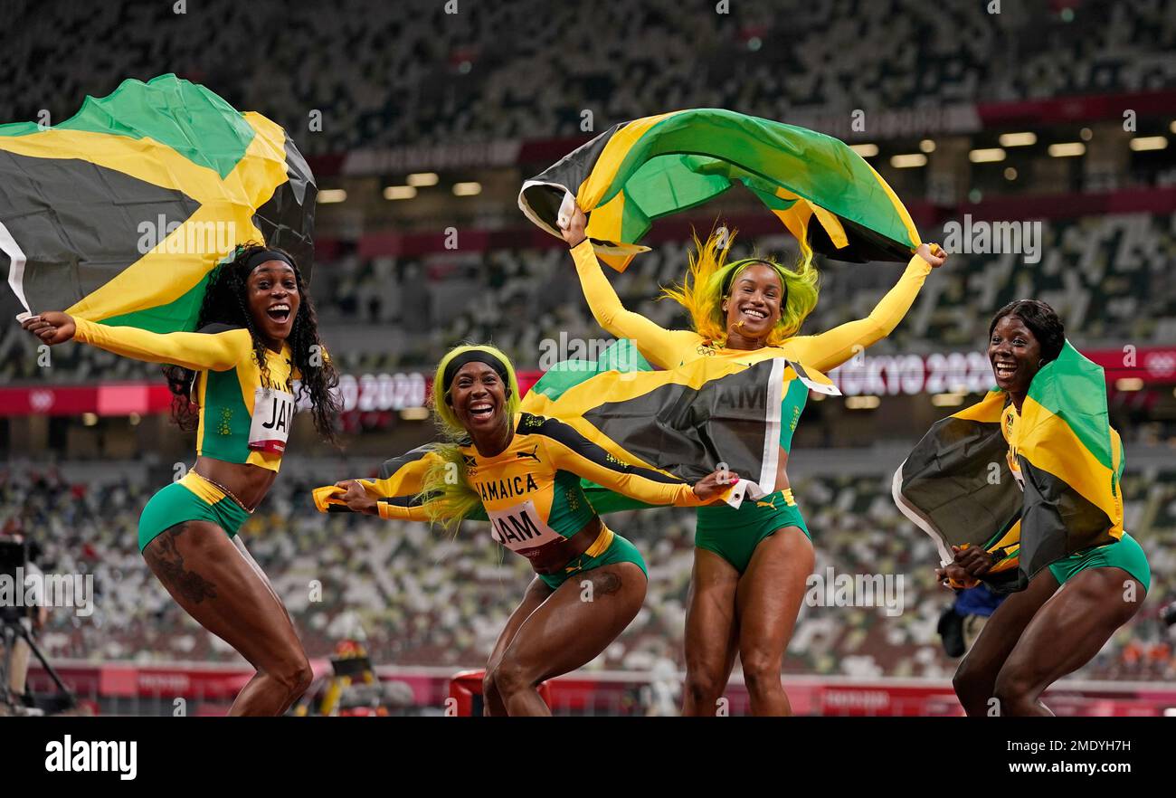 From right: Shericka Jackson, Briana Williams, Shelly-Ann Fraser-Pryce ...