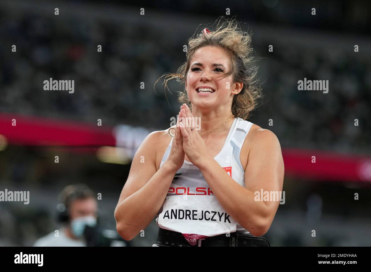 Maria Andrejczyk, of Poland, celebrates after winning the silver medal ...