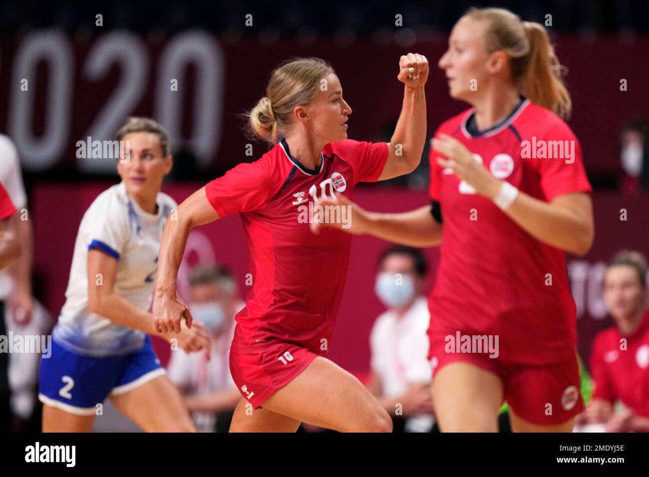 Norway's Stine Bredal Oftedal, center, celebrates during the women's ...