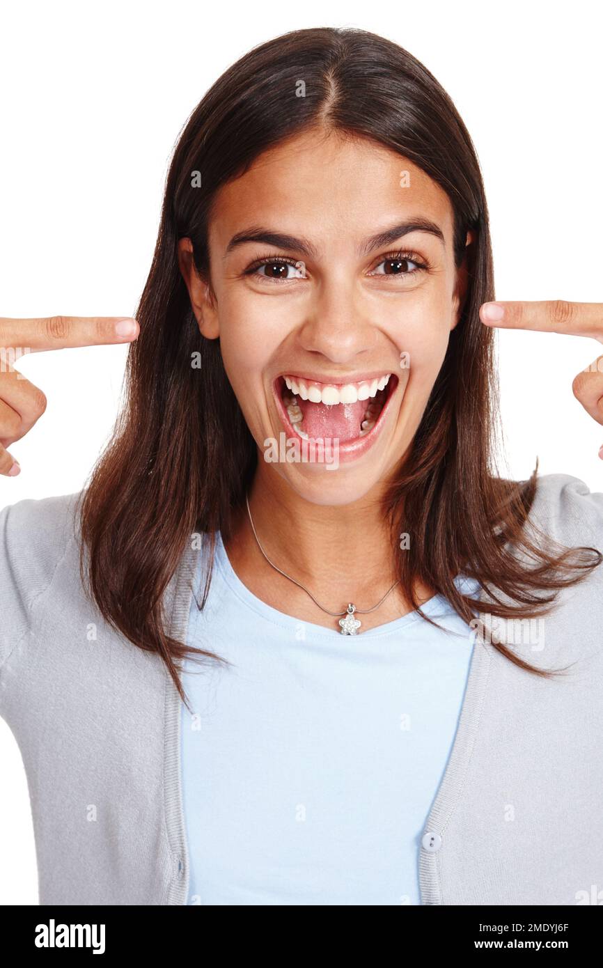 Portrait, wow and surprise with a woman in studio isolated on a white ...