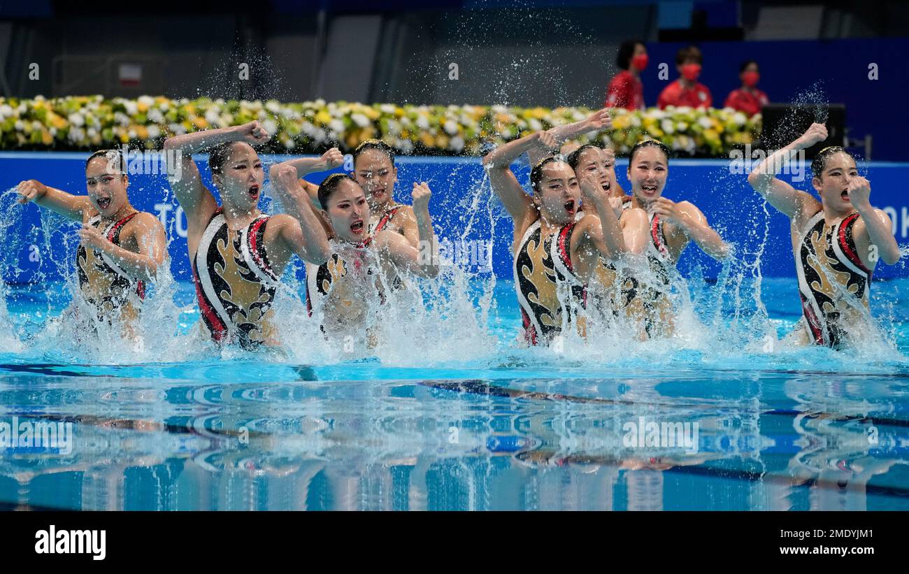 The Japan artistic swimming team competes during the team technical ...