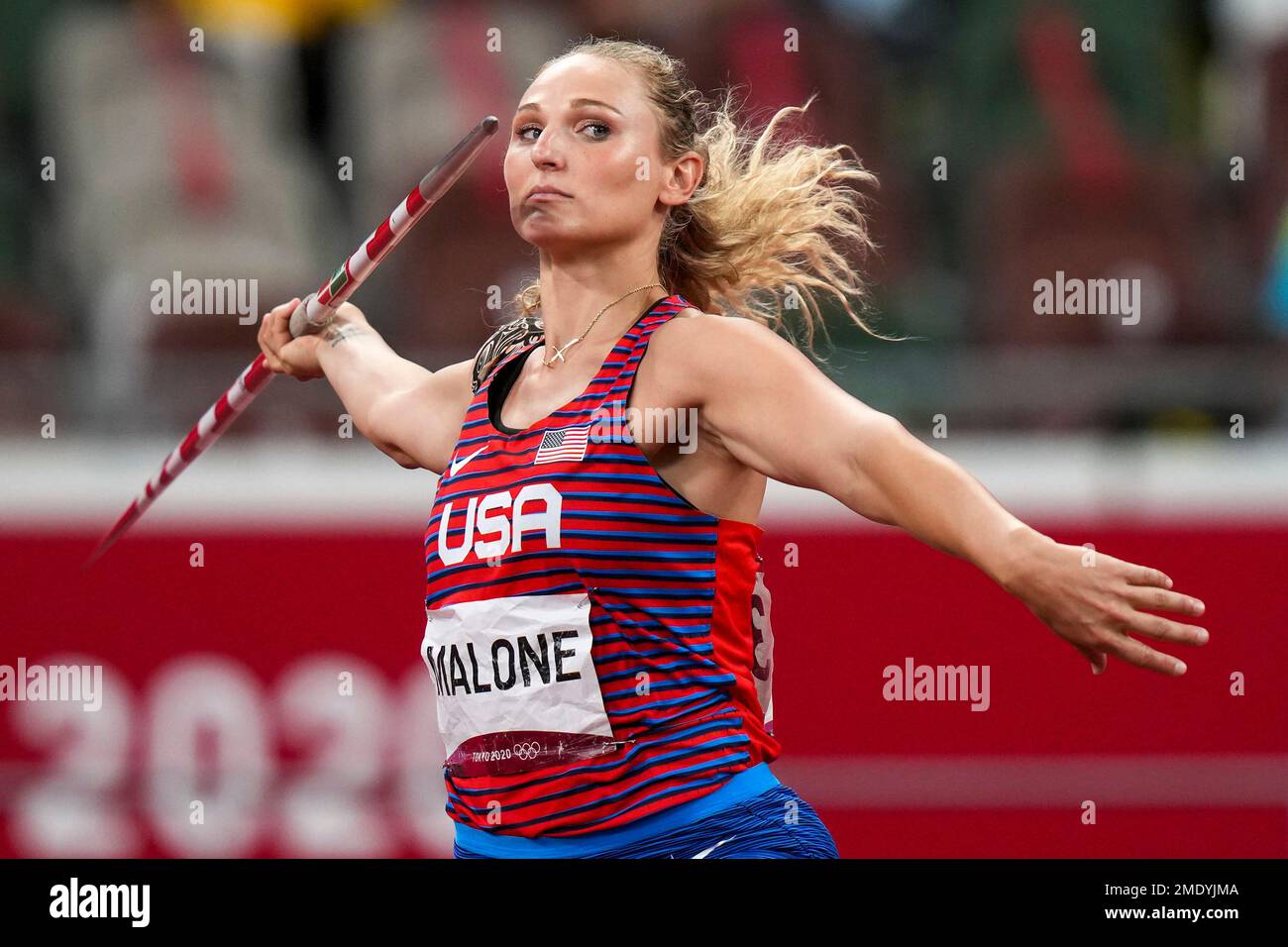 Maggie Malone, of the United States, competes in the women's javelin ...