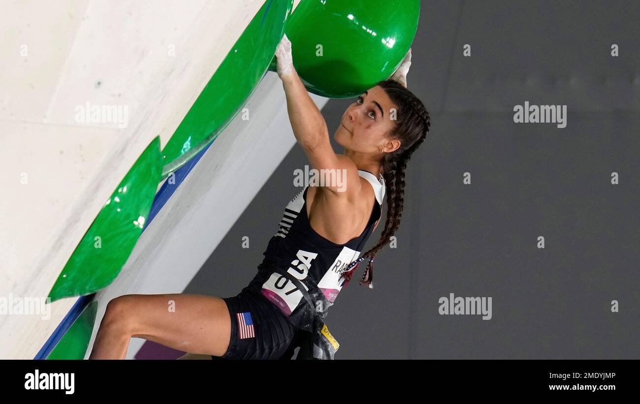 Brooke Raboutou, of the United States, competes during the bouldering ...