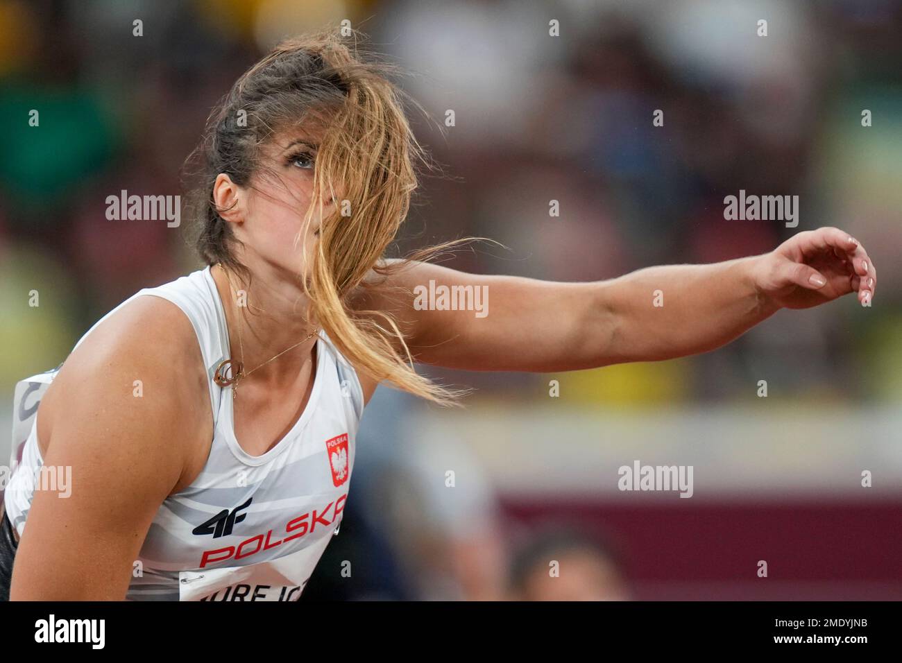 Maria Andrejczyk, of Poland, competes in the women's javelin throw ...