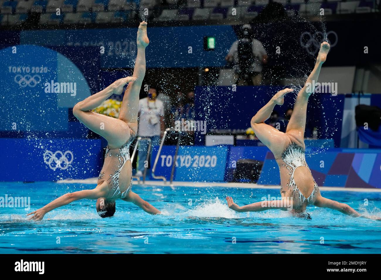 The Ukraine artistic swimming team competes during the team technical ...