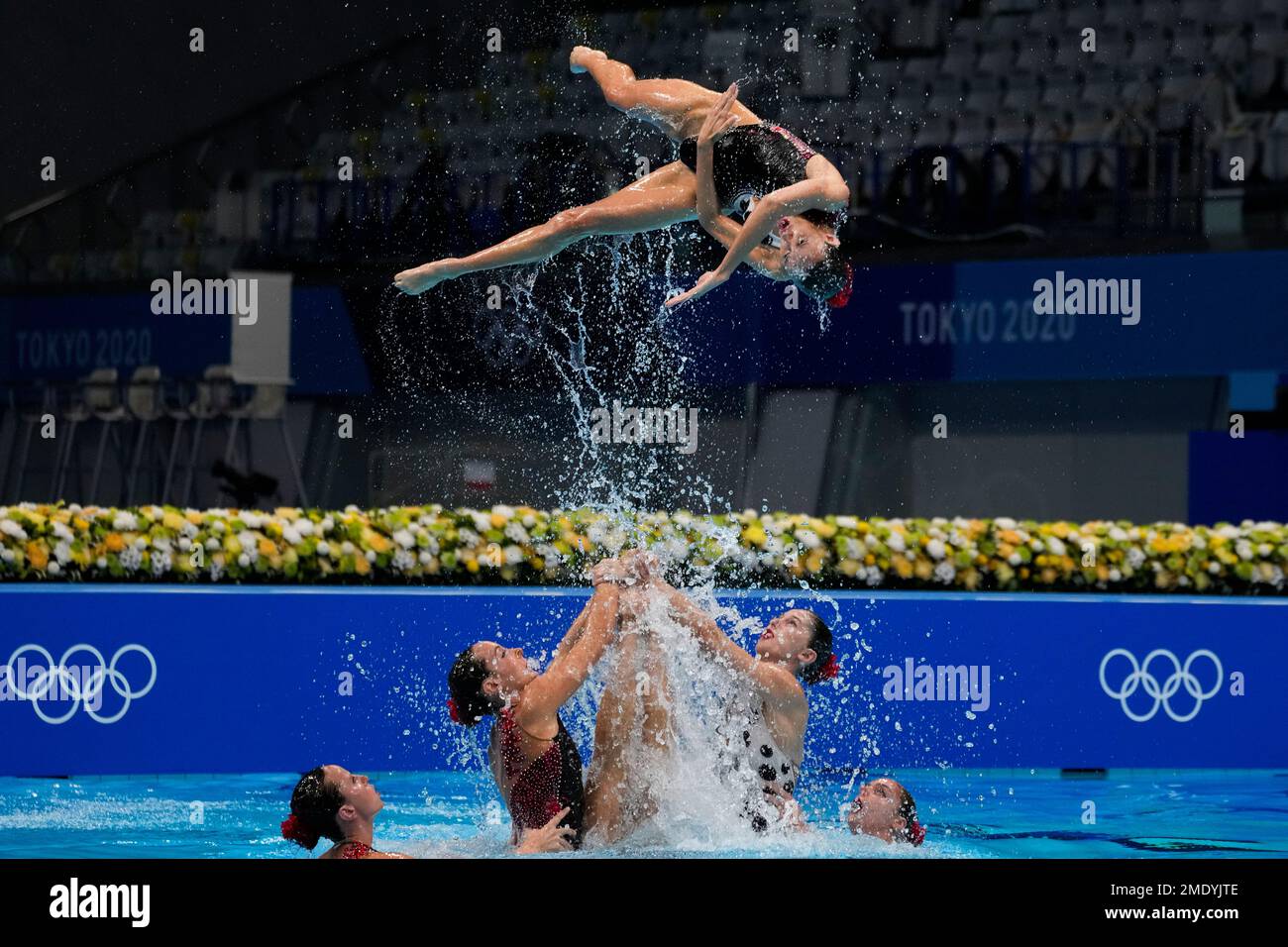 The Spain artistic swimming team competes during the team technical ...