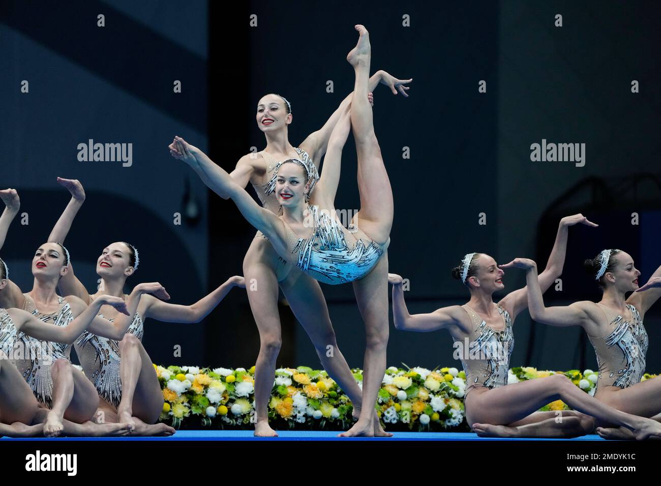 The Ukraine artistic swimming team competes during the team technical ...