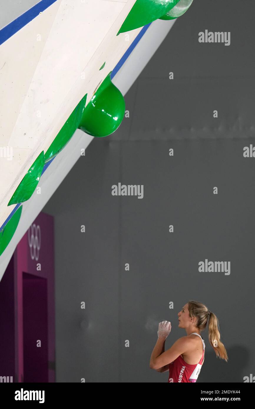 Jessica Pilz, of Austria, competes during the bouldering portion of the ...