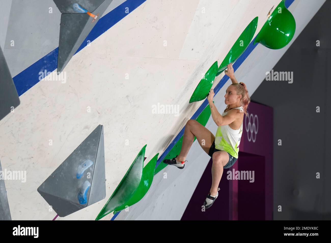 Janja Garnbret, of Slovenia, competes during the bouldering portion of ...