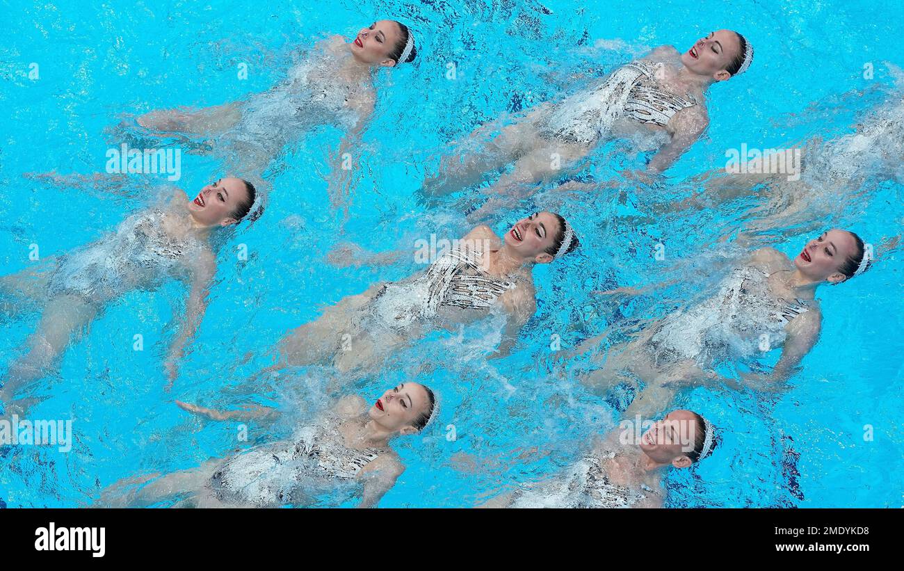 The Ukraine artistic swimming team competes during the team technical ...