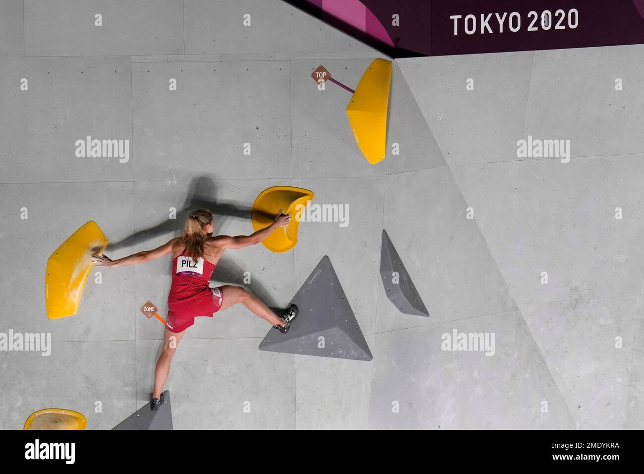 Jessica Pilz, of Austria, competes during the bouldering portion of the ...