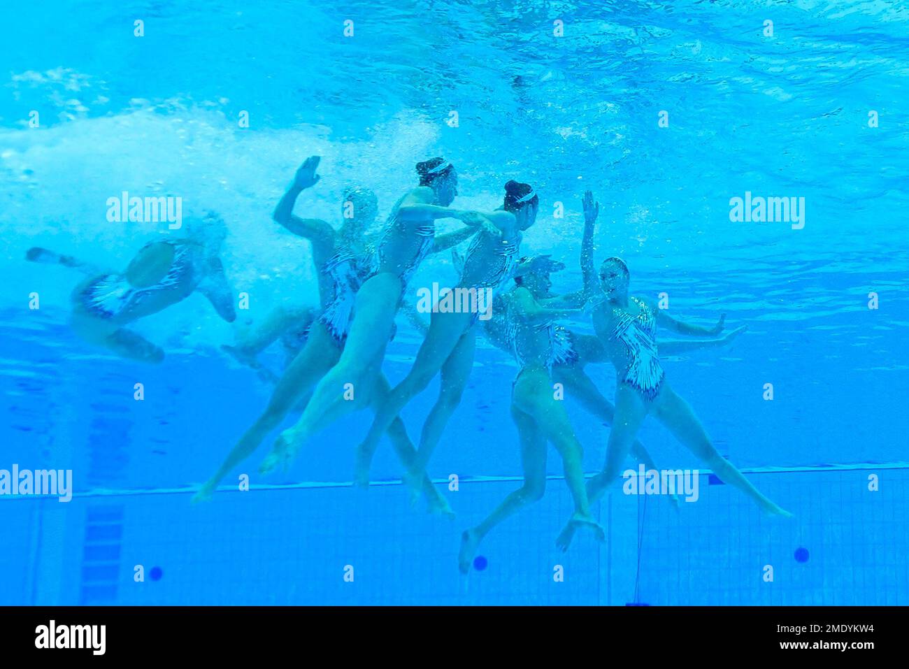 The Ukraine artistic swimming team competes during the team technical ...