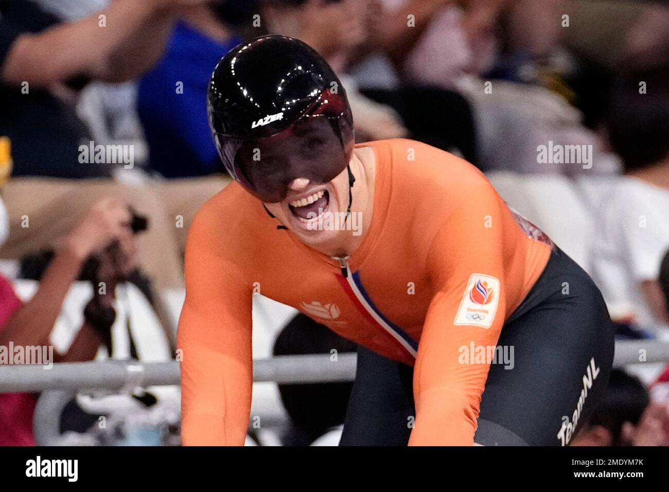 Harrie Lavreysen of Team Netherlands celebrates winning the gold medal ...