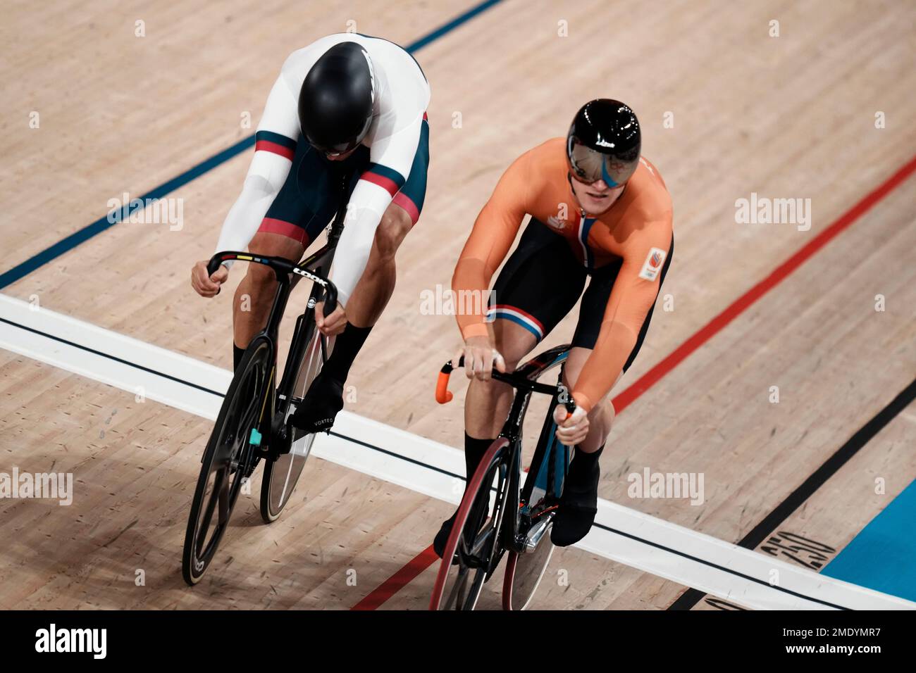 Jeffrey Hoogland of Team Netherlands, right, and Denis Dmitriev of Team ...