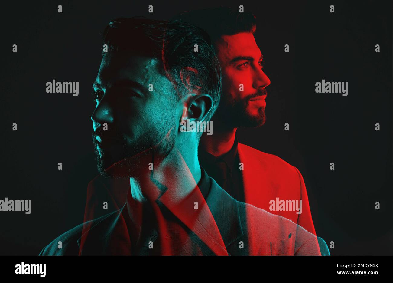 Fashion, double exposure and face of man with neon lighting in vintage ...