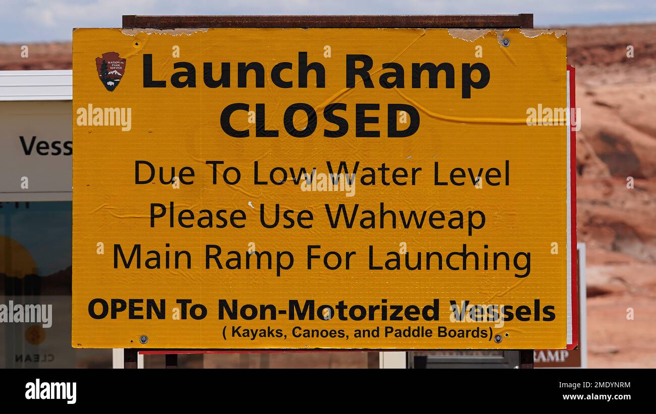 A "Launch Ramp Closed" sign is shown at the Antelope Point launch ramp ...