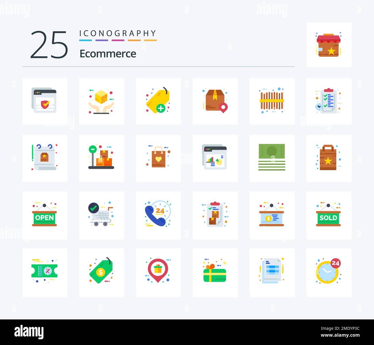 Ecommerce 25 Flat Color icon pack including code. shipping. add. place ...