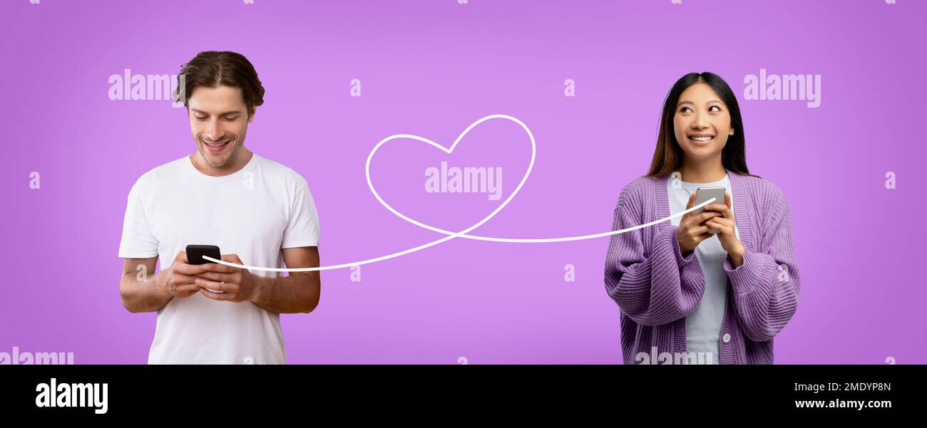 Multicultural Couple Texting On Smartphones Connected With Drawn Heart ...