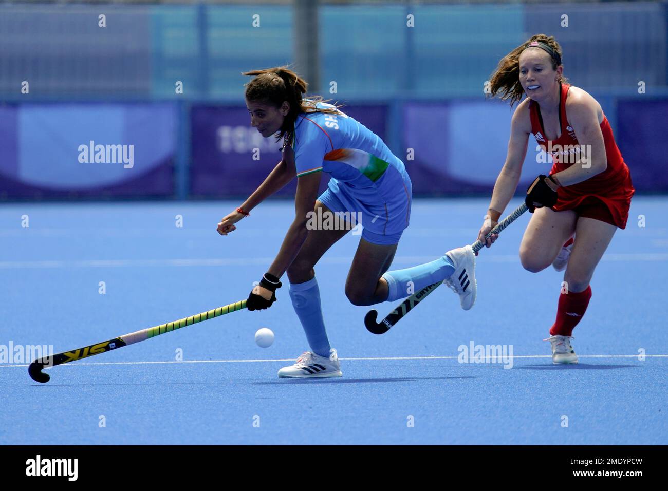 India's Sharmila Devi dries against Britain's Laura Unsworth during the ...