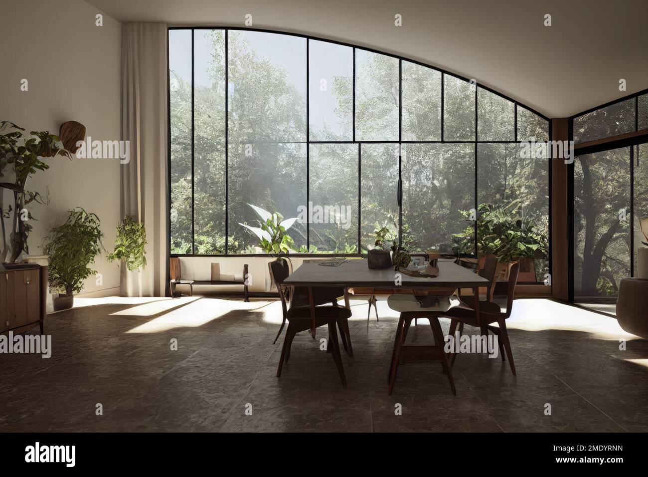 Moody Dark Modern Dining Room Interior with Nature Forest Views Stock ...