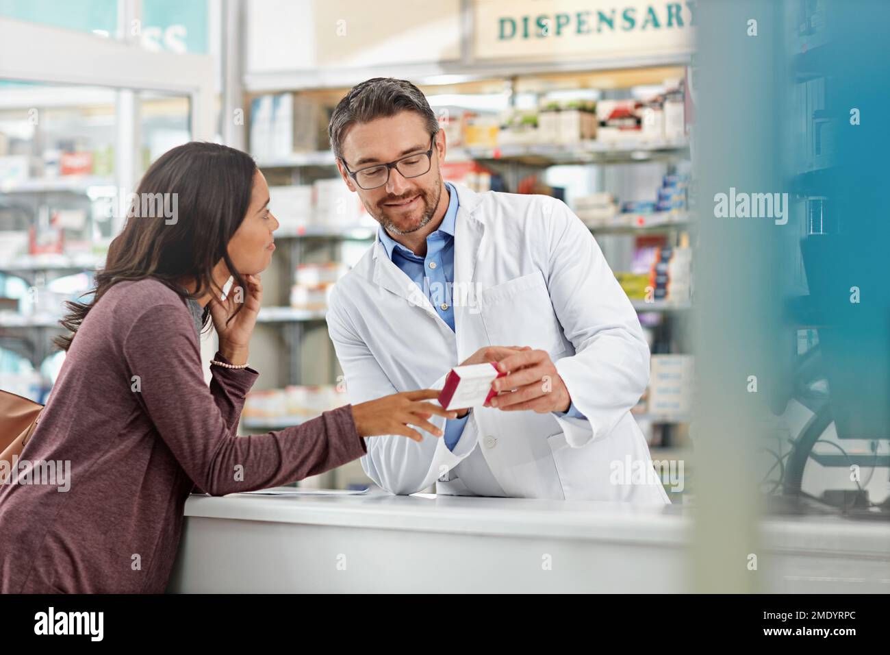 Happy, healthcare and communication of pharmacist with customer at ...