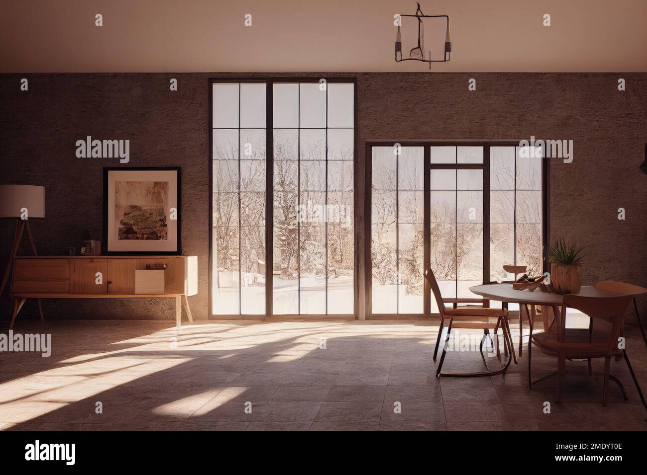 A Dining Room with Large Modern Windows at Golden Hour Stock Photo - Alamy