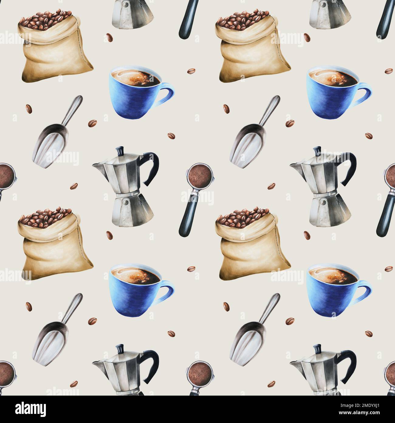 Watercolor seamless pattern with coffee making tools. Hand painting on ...