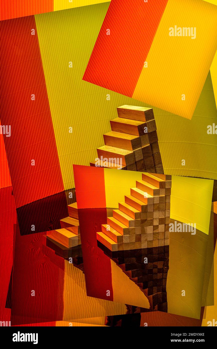 Abstract collage with a geometric pyramid figure on a colored ...