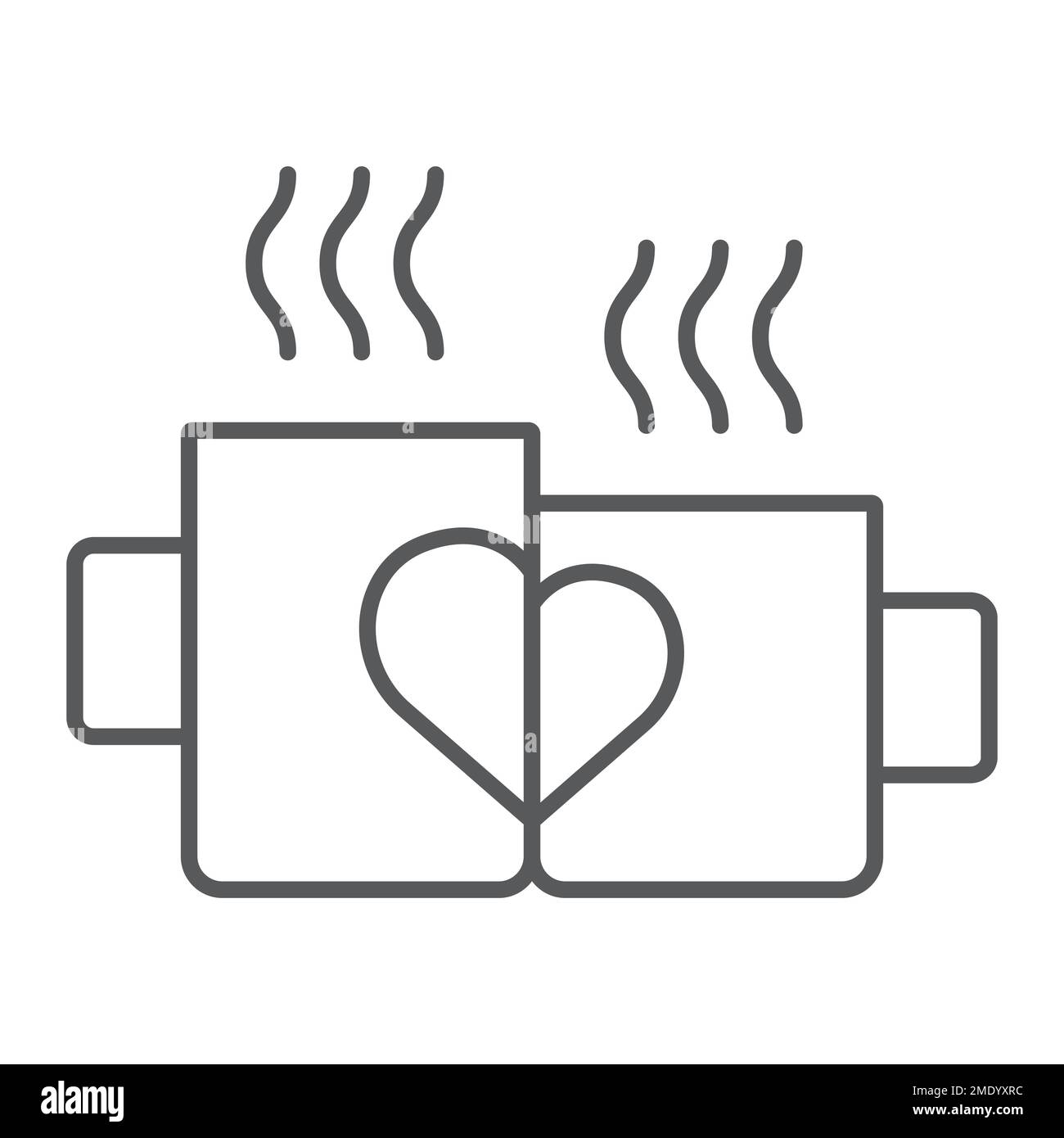 Mugs with heart thin line icon, drink and romance, love cup sign ...