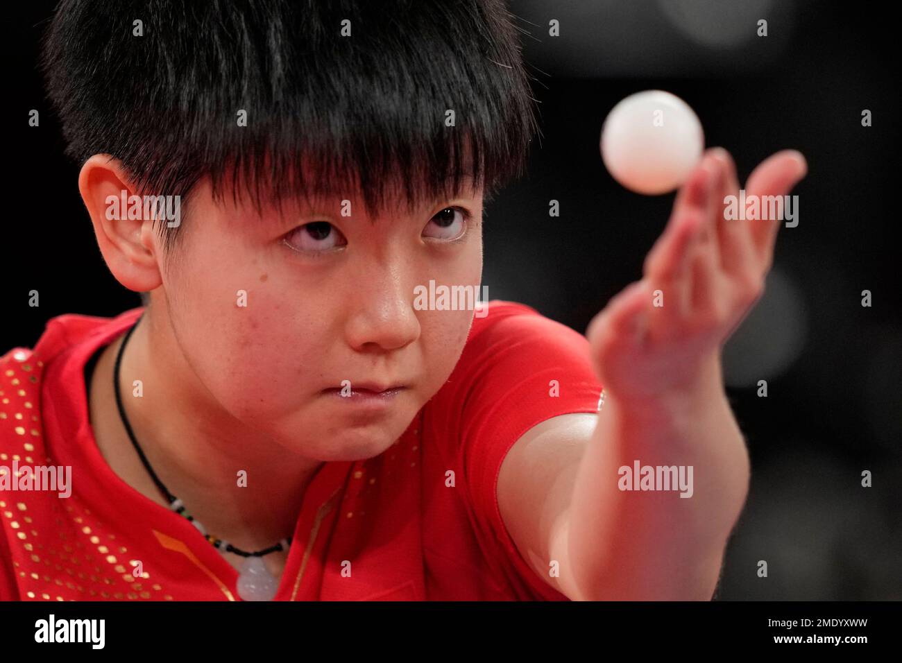 Sun Yingsha of China serves during her table tennis women's team gold ...