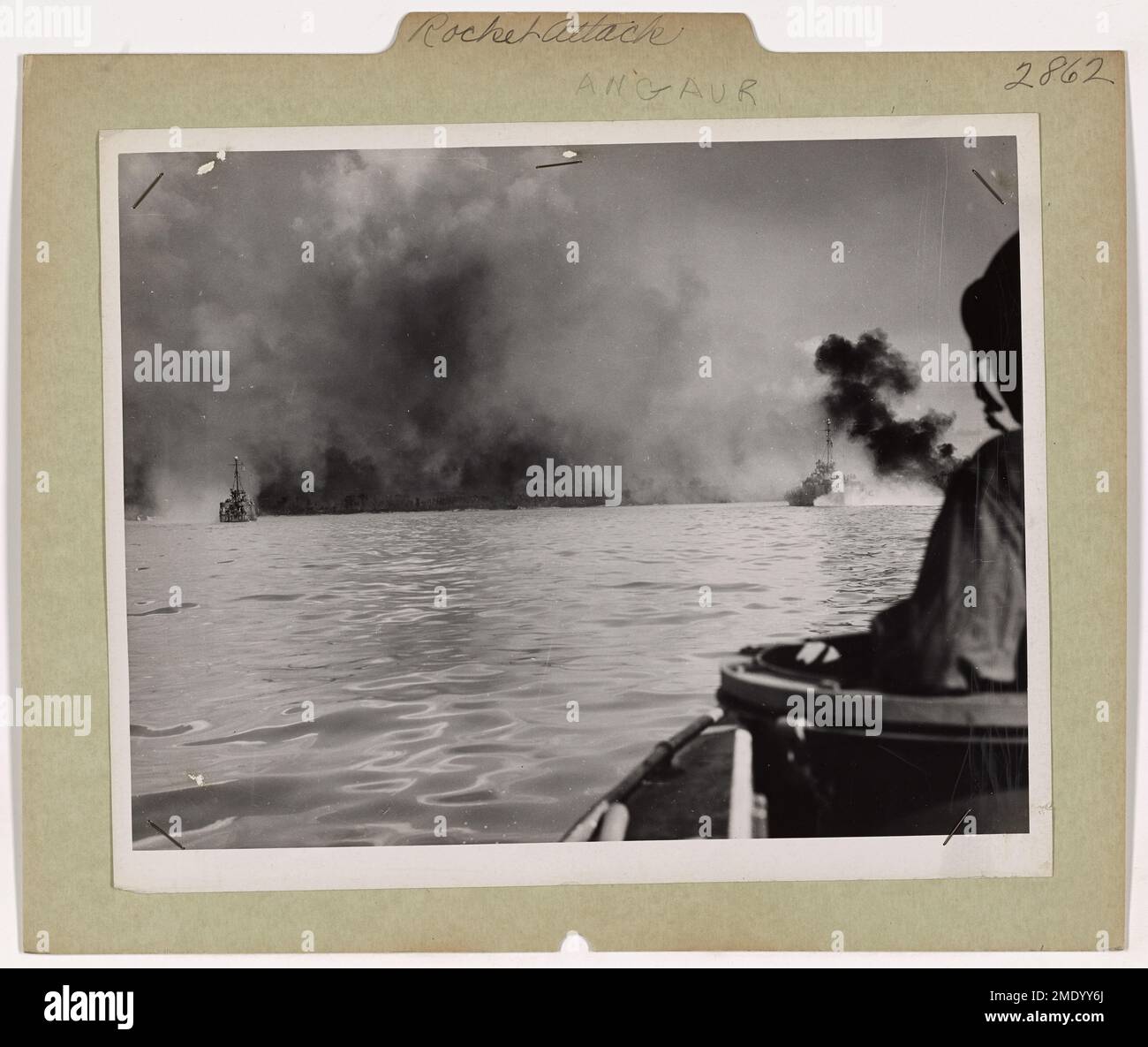 Rocket-firing LCI's and battleships bombard Japanese defenses on Angaur ...