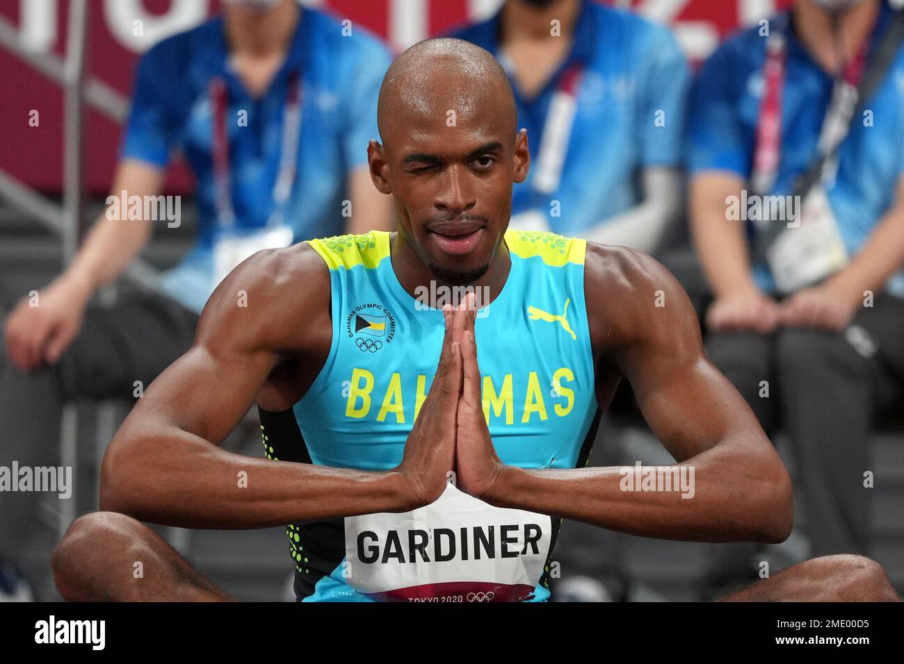 Steven Gardiner, of the Bahamas, reacts after winning the final of the ...