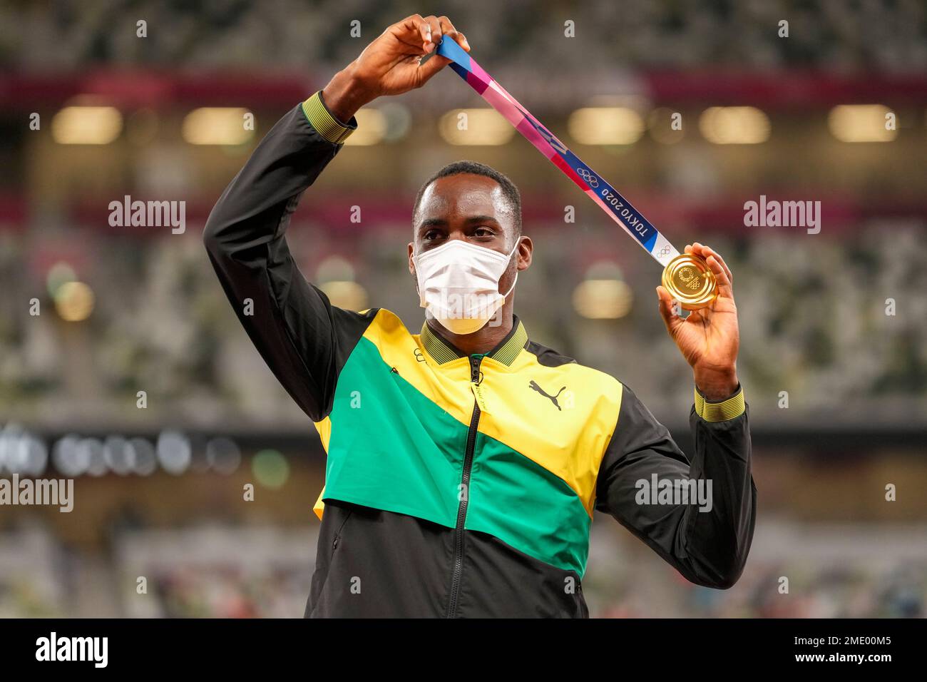 Gold medalist Hansle Parchment, of Jamaica, poses during the medal ...